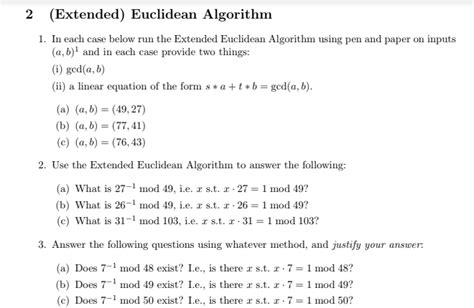 solved 2 extended euclidean algorithm 1 in each case