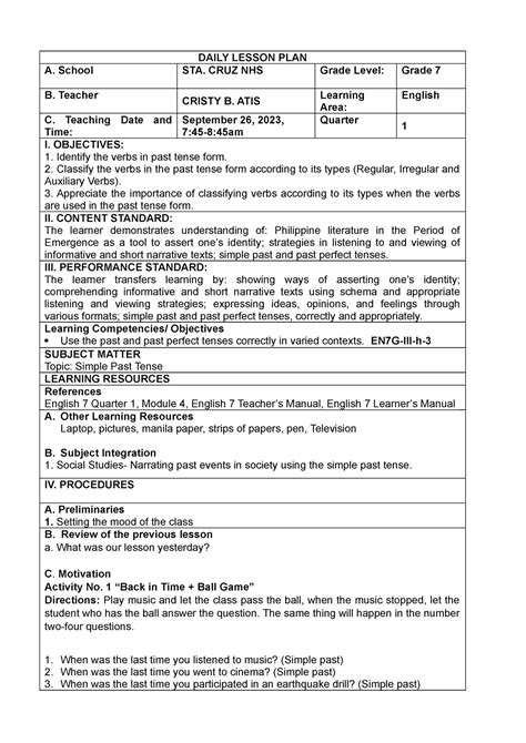 Lesson Plan Grade 7 Simple Past Tense DAILY LESSON PLAN A School