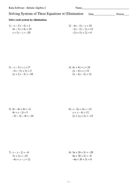 Systems Of Equation Elimination Method Worksheet Systems Of Equations