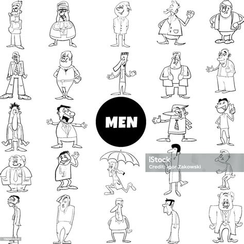 Vetores De Preto E Branco Desenho Animado Personagens Homens Grandes Set E Mais Imagens De Face
