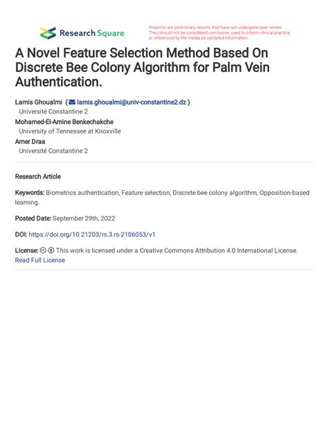 pdf a novel feature selection method based on discrete bee colony algorithm for palm vein