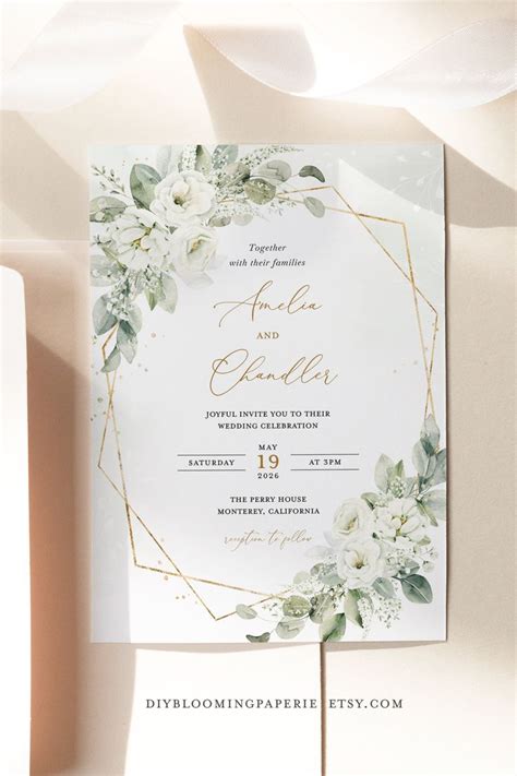 Geometric White Floral Wedding Invitation Template Gold And White