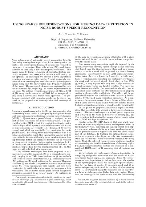 pdf using sparse representations for missing data imputation in noise robust speech recognition