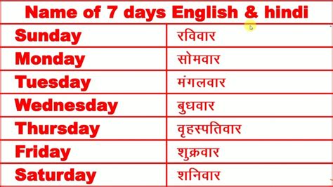 Sunday Monday Tuesday Wednesday Thursday Friday Saturday Name Of