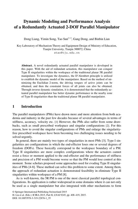 pdf dynamic modeling and performance analysis of a redundantly actuated 2 dof parallel manipulator