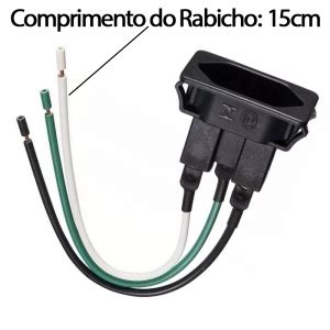 10 Tomada Fêmea Preta 3 Pinos 20a Embutir Painel Rabicho 15cm