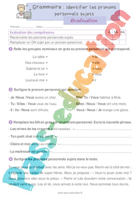 Identifier Les Pronoms Personnels Sujets Valuation De Grammaire