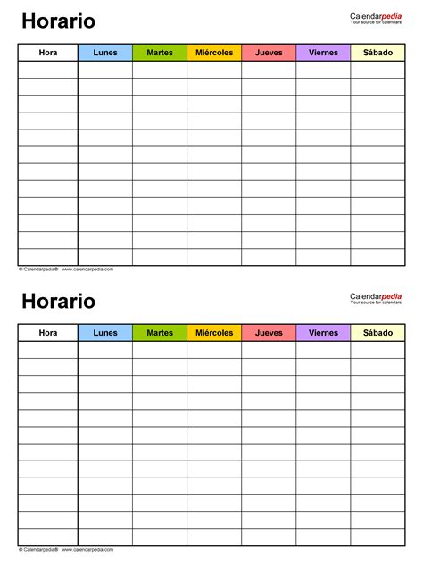 Horarios En Formatos Word Excel Y Pdf Calendarpedia