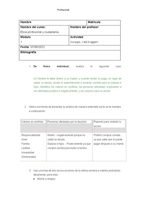Ética 1 Profesional Nombre Matrícula Nombre del curso Ética