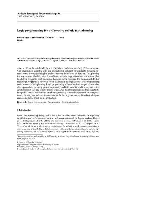 pdf logic programming for deliberative robotic task planning
