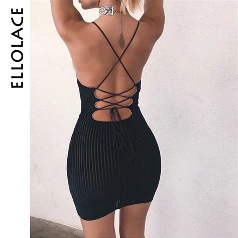 Ellolace 2018 Autumn Sexy Backless Strap Dresses Bodycon Black