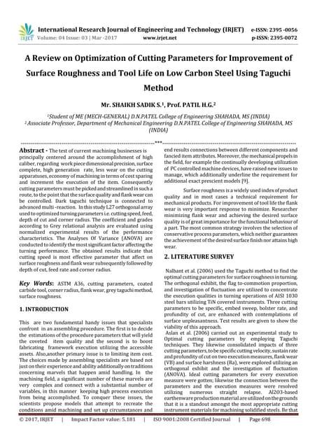 a review on optimization of cutting parameters for improvement of surface roughness and tool