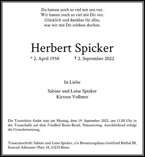 Traueranzeigen Von Herbert Spicker GA Trauer De