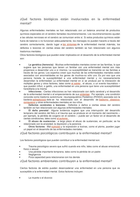 Qué factores biológicos están involucrados en la enfermedad mental