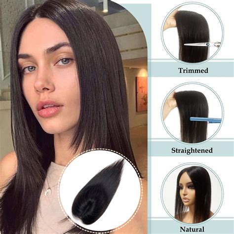 QMSSR Toppers De Cabello Humano Real Para Mujer 9x14CM Base De Encaje