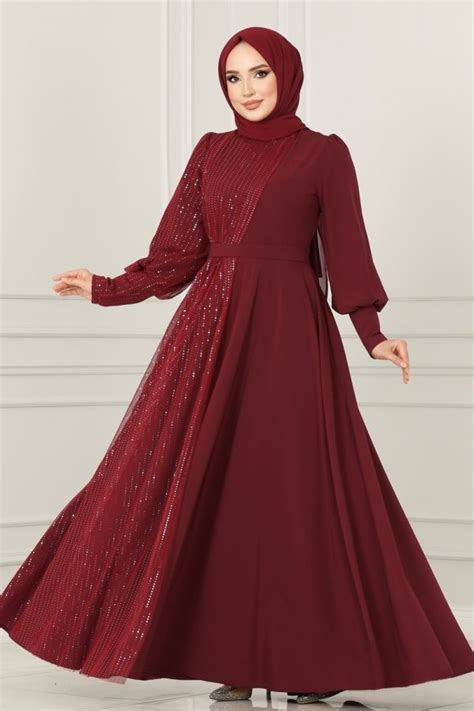 Sim Detaylı Tül Tesettür Abiye ASM2703 Bordo Moda Selvim