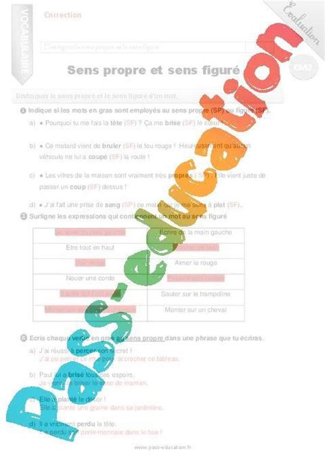 Sens propre sens figuré CM2 Evaluation Bilan PDF à imprimer par