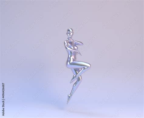 Metallic Glossy Plastic Naked Woman In Elegant Aesthetic Pose 3d