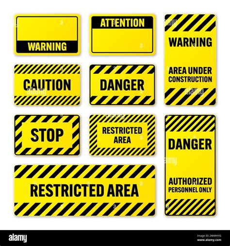 Various Black And Yellow Warning Signs With Diagonal Lines Attention