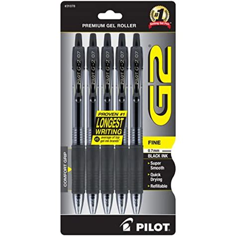 Pilot G2 Lot de 5 stylos à bille rétractables à encre gel de qualité