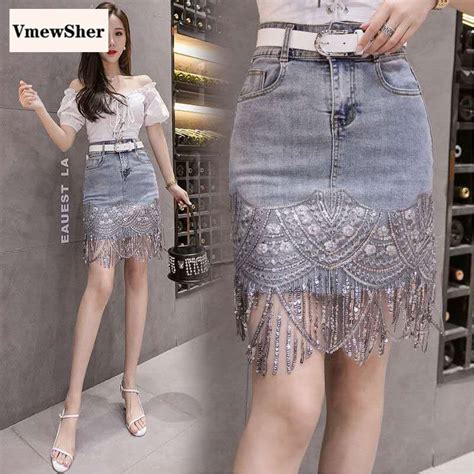 VmewSher Women Skirt Denim Jean Tassel Sequin Patchwork Skirts With