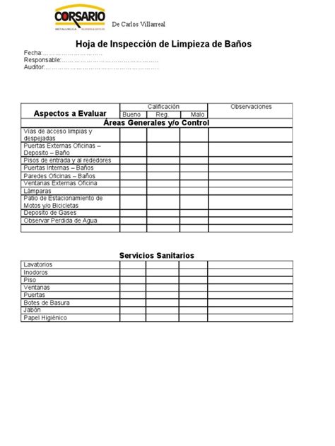 check list de limpieza de baños Modelo de un List Taller Jack