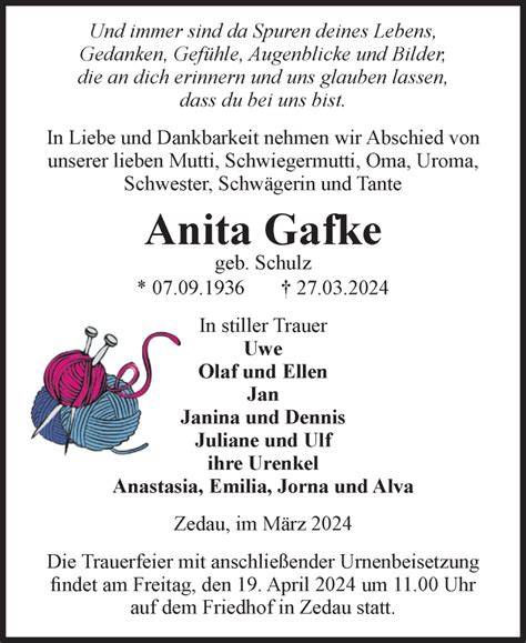 Traueranzeigen Von Anita Gafke Abschied Nehmen De