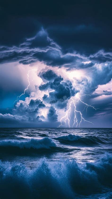 Powerful Lightning Storm Over Ocean At Night Dramatic Seascape