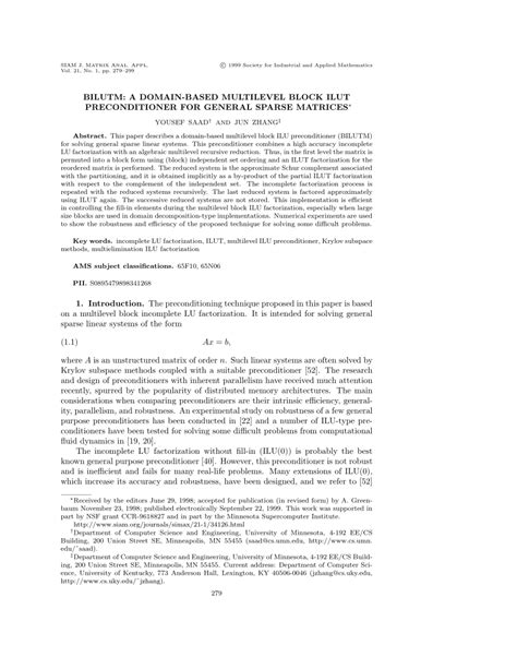 pdf bilutm a domain based multilevel block ilut preconditioner for general sparse matrices