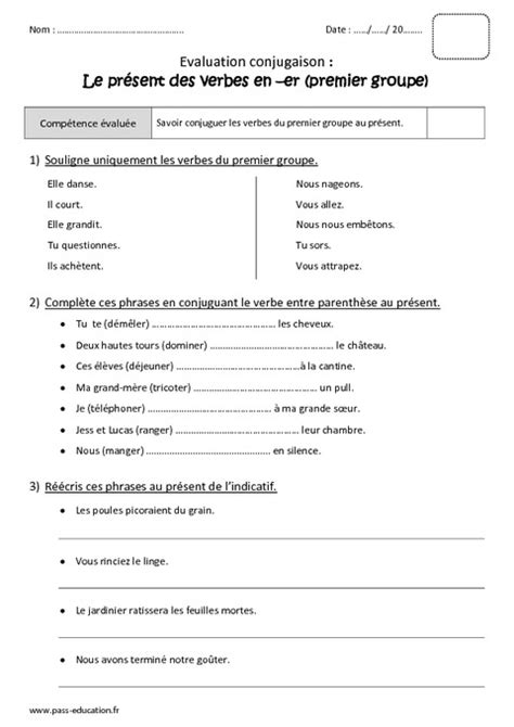 Présent des verbes en er Ce2 Bilan avec le corrigé Pass Education