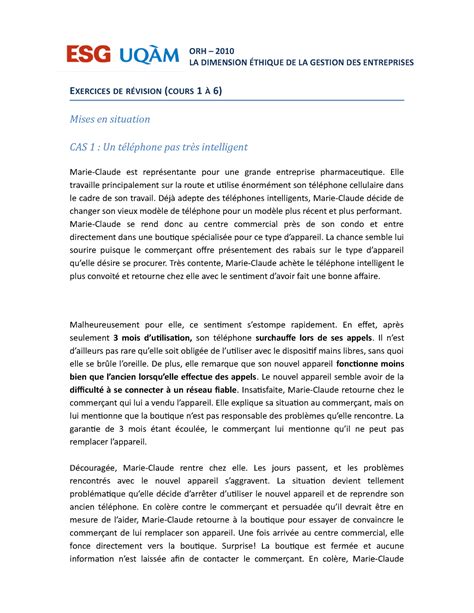 Mises en situation pour révision cours 1 à 6 LA DIMENSION ÉTHIQUE DE