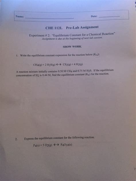 solved name date che 112l pre lab assignment experiment