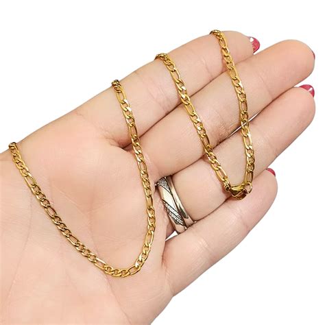 CORRENTE DE AÇO OURO 18K FÍGARO 3X1 FINA 70CM Moriá Joias em