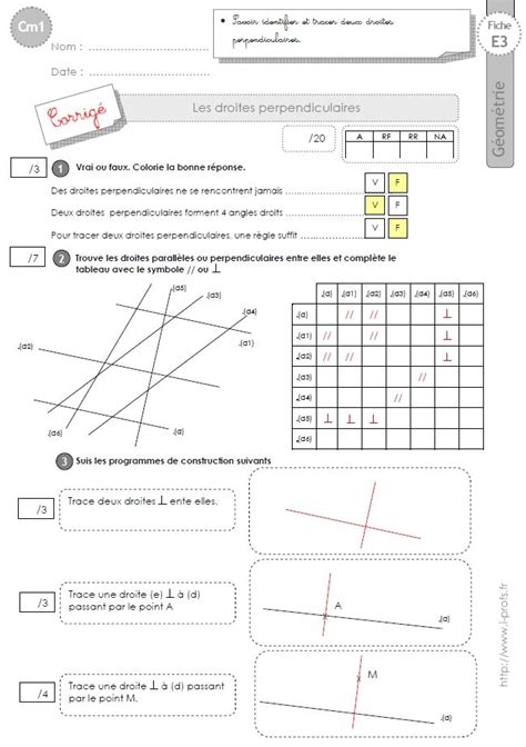 Cm1 Evaluation Les DROITES PERPENDICULAIRES Droites Perpendiculaires