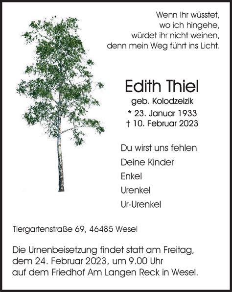 Traueranzeigen Von Edith Thiel Trauer In NRW De