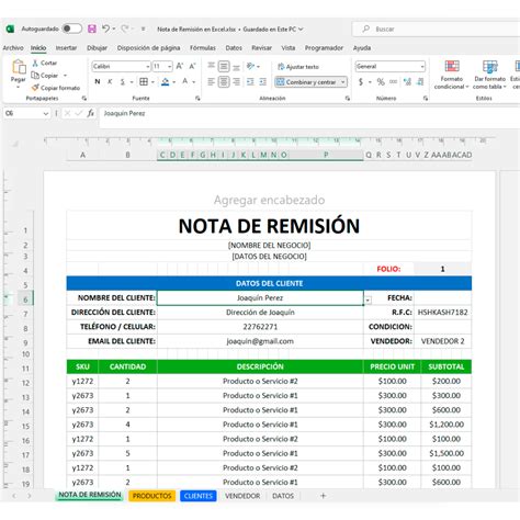 Plantilla De Nota De Remisi N En Excel Incluye F Rmulas Didocu