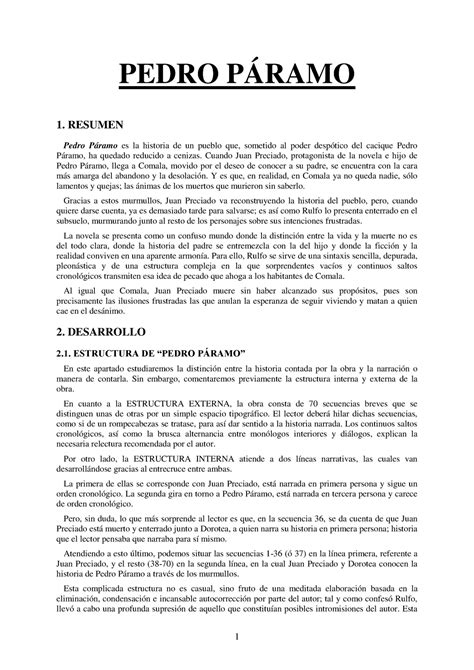 Estudio DE Pedro Paramo PEDRO PÁRAMO 1 RESUMEN Pedro Páramo es la