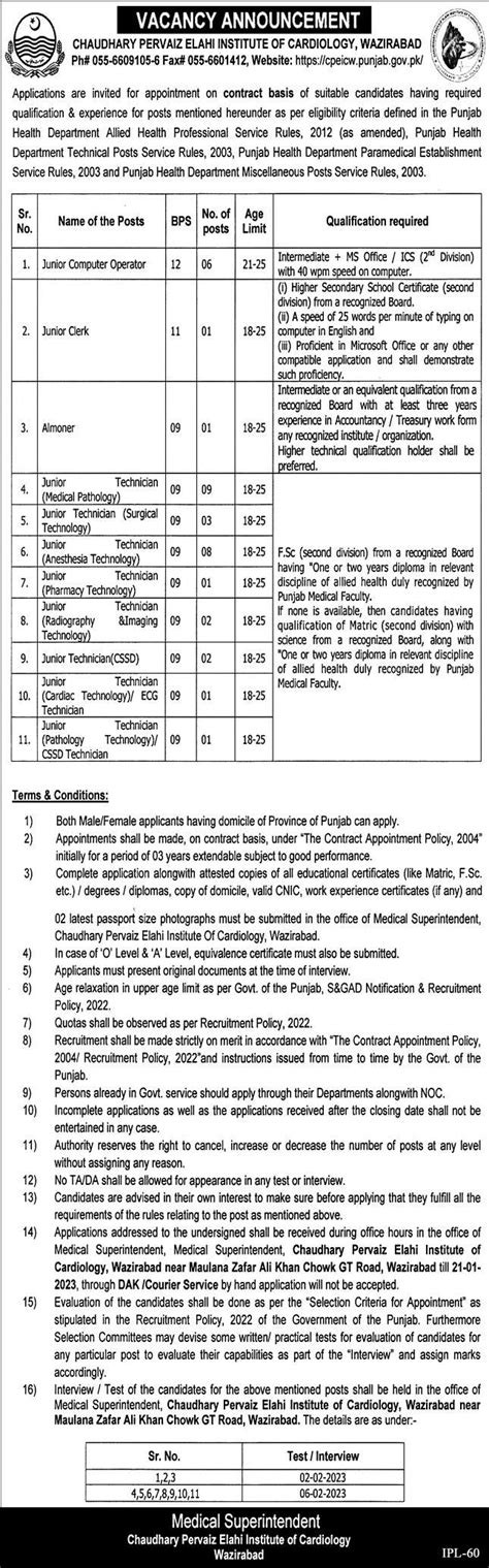 Job Opportunities At Pervaiz Elahi Institute Of Cardiology 2024 Job