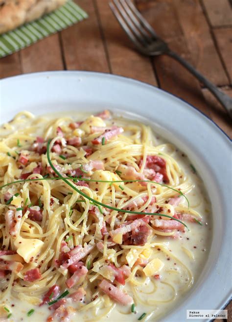 Espaguetis con bechamel de mostaza antigua y bacon Receta fácil y rápida