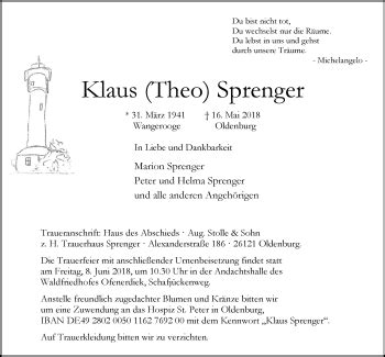 Traueranzeigen Von Klaus Sprenger Nordwest Trauer De