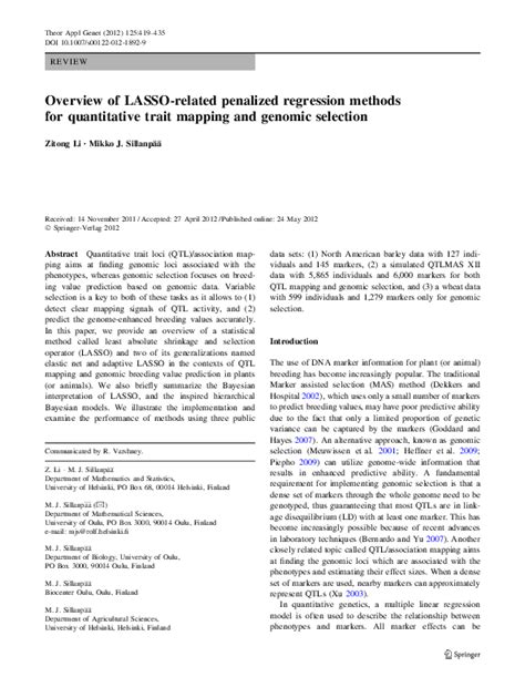 pdf overview of lasso related penalized regression methods for quantitative trait mapping and