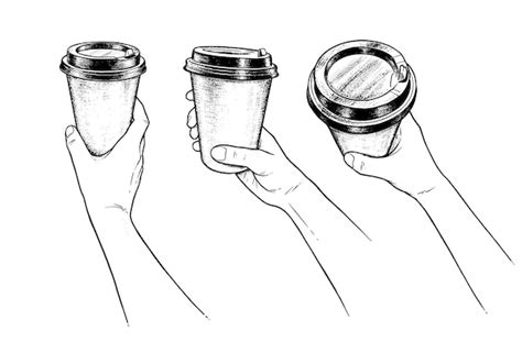 Mãos segurando copo de papel de café para levar Vetor Premium