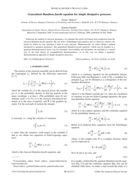 pdf generalized hamilton jacobi equation for simple dissipative processes