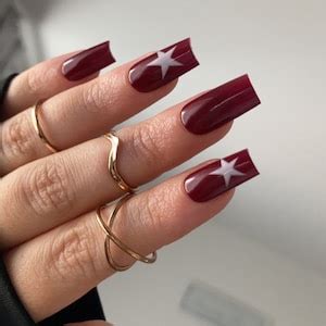 Dark Red Press On Nails Maroon Burgundy Star Accent Nails Etsy
