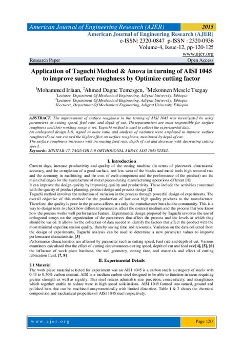 pdf application of taguchi method and anova in turning of aisi 1045 to improve surface roughness
