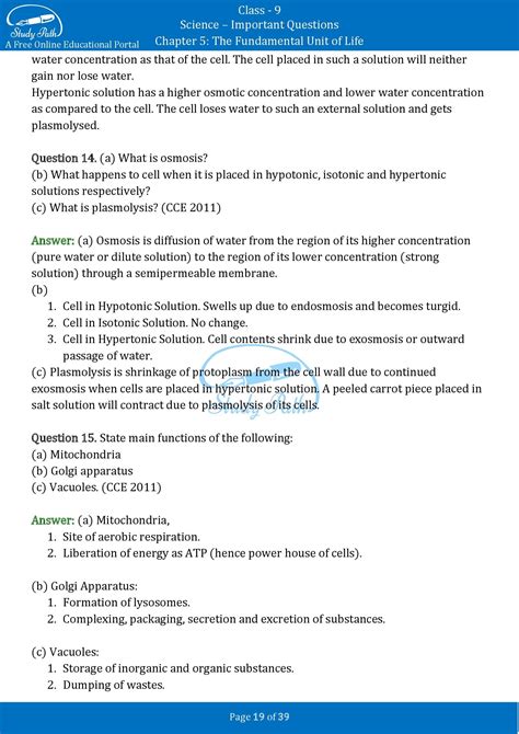 Important Questions For Class Science Chapter The Fundamental Unit
