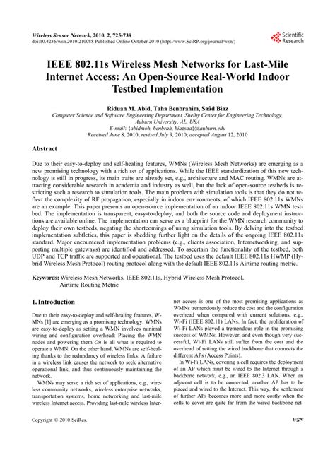 pdf ieee 802 11s wireless mesh networks for last mile internet access an open source real