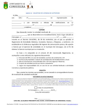 Completable En línea ANEXO III SOLICITUD DE LICENCIA DE ACTIVIDAD Fax