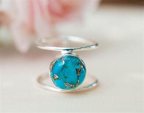Blue Copper Turquoise Gemstone Ring 925 Sterling Silver Double Band