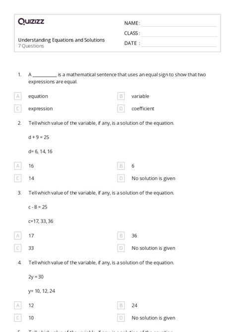 50 Understanding Expressions And Equations Worksheets On Quizizz